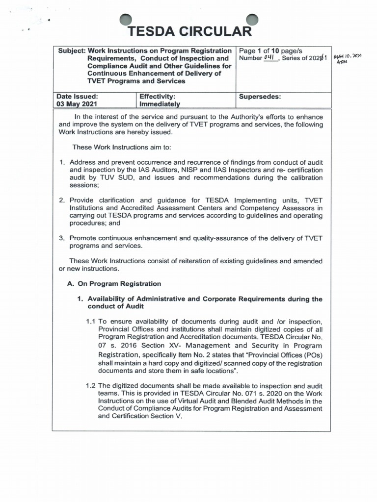 TESDA Circular No. 041-2021 | PDF | Audit | Regulatory Compliance