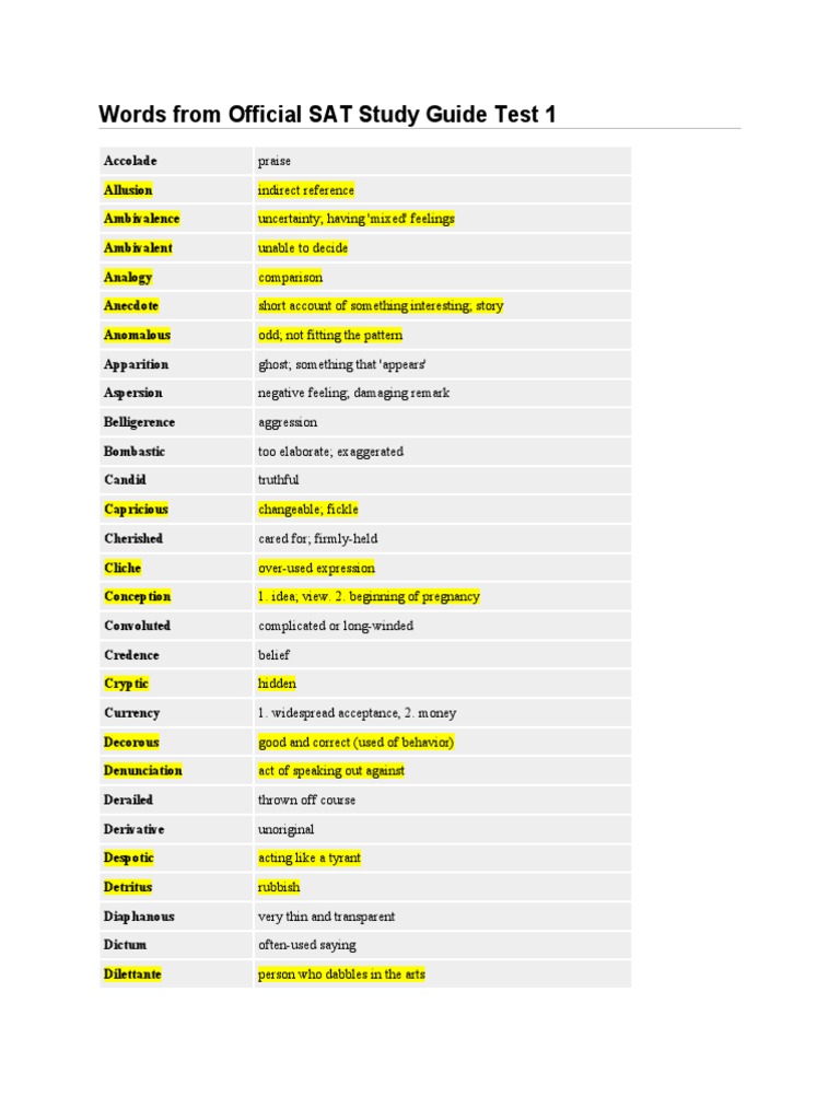 Words From Official SAT Study Guide | PDF | Psychological Concepts ...