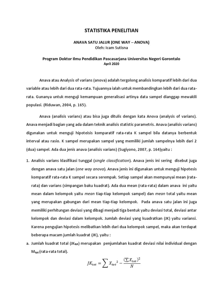 Anava Satu Jalur One Way Anova | PDF | Metode & Bahan Ajar