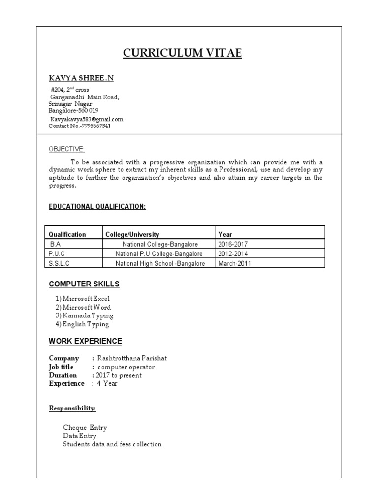 Curriculum Vitae: Kavya Shree .N | PDF