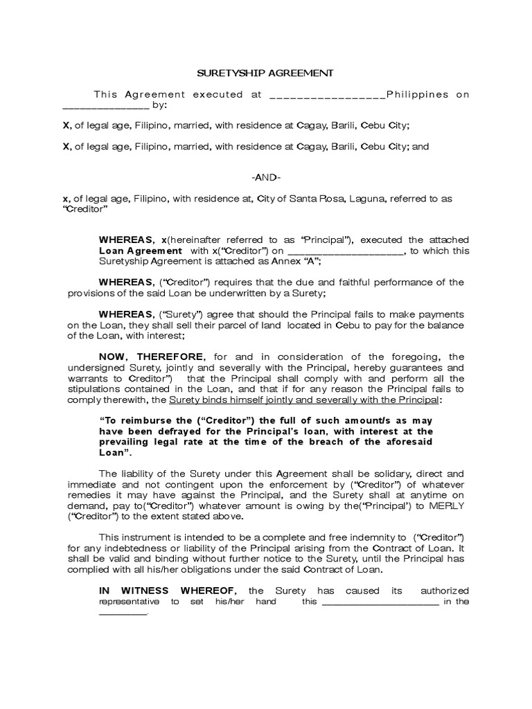 Suretyship-Agreement Loan Sample | PDF | Surety | Law Of Obligations
