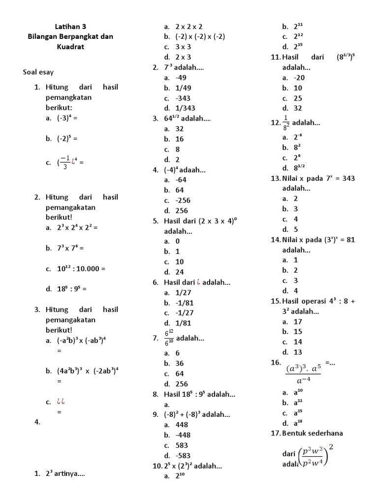 Soal Bilangan Berpangkat Dan Kuadrat | PDF