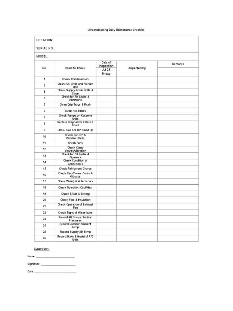 Daily Air Conditioning Maintenance Checklist | PDF | Electromechanical ...