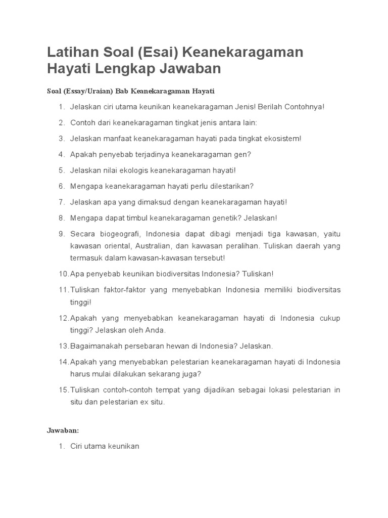 Bank Soal Biologi 10 Essay Kehati | PDF