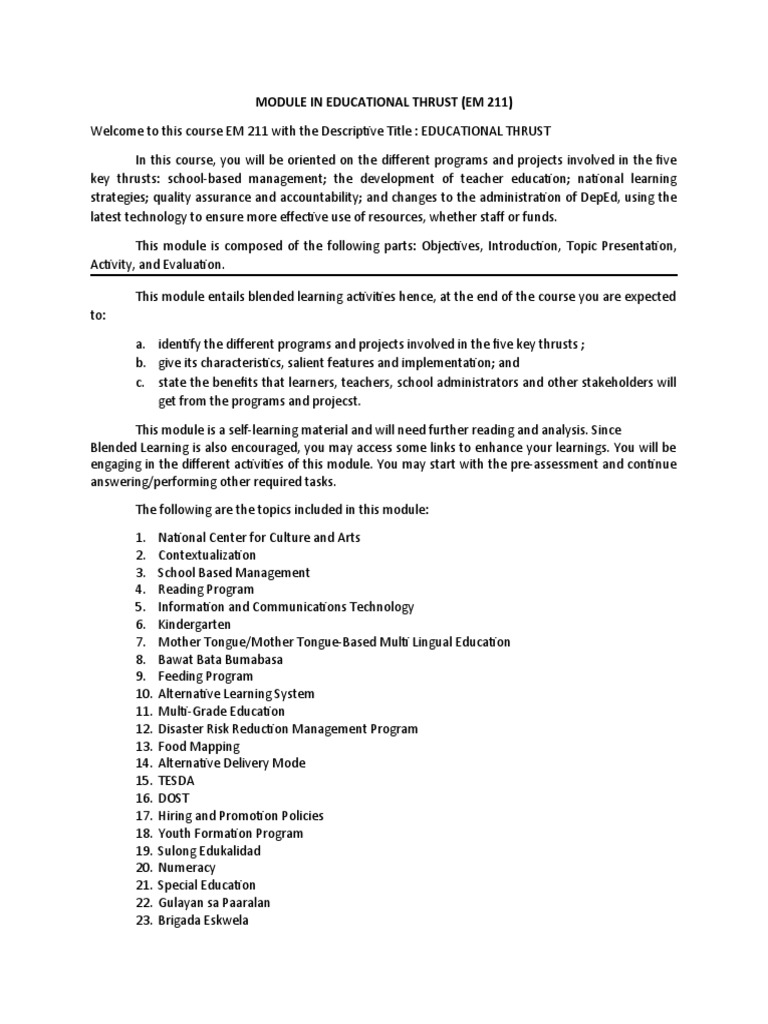 Module in Educational Thrust (Em 211) | PDF | Wash | Teachers