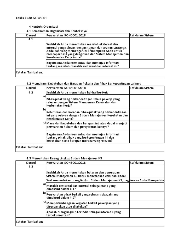 (Translate) Ceklis Audit ISO 45001 | PDF