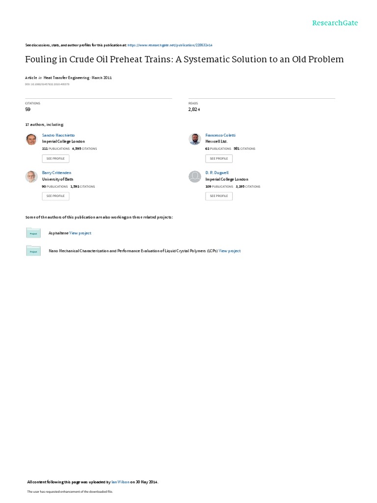 Fouling in Crude Oil Preheat Trains: A Systematic Solution To An Old ...