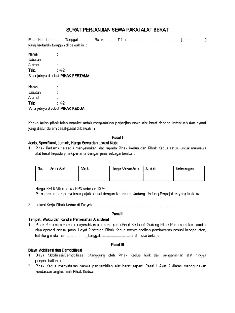 Template Surat Perjanjian Sewa Pakai Alat Berat | PDF | Hukum
