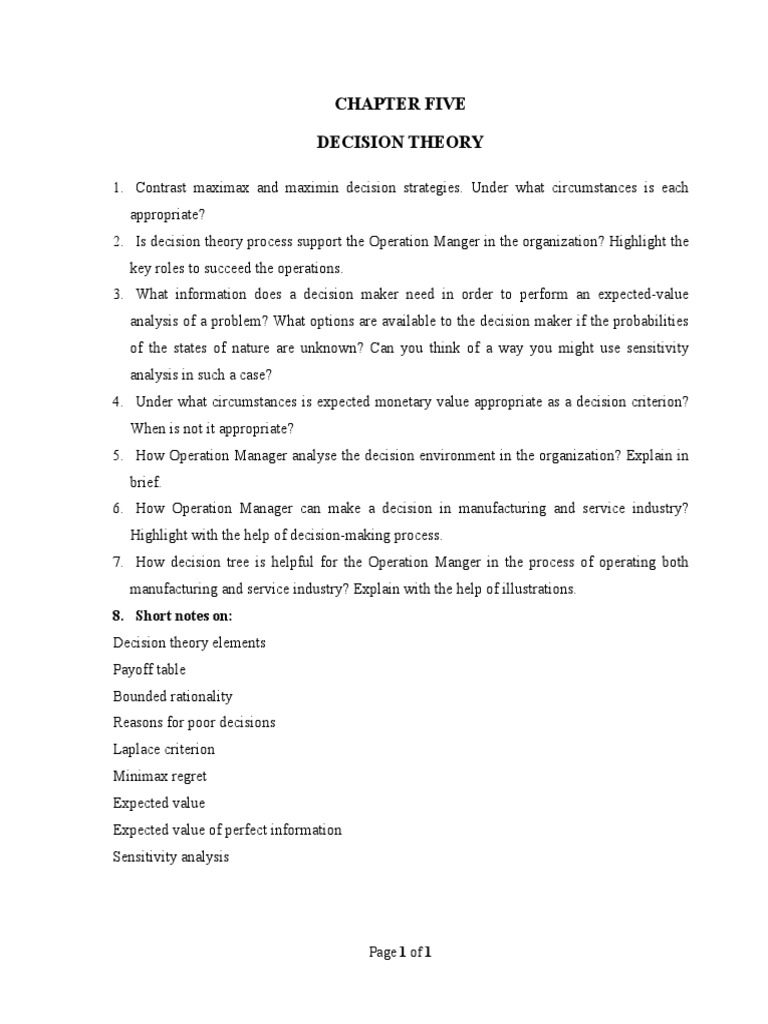 Chapter Five Decision Theory: 8. Short Notes On | PDF
