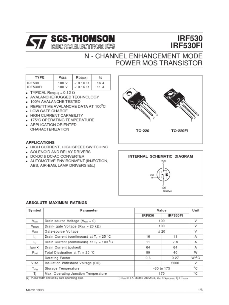 IRF530 IRF530FI: N - Channel Enhancement Mode Power Mos Transistor | PDF