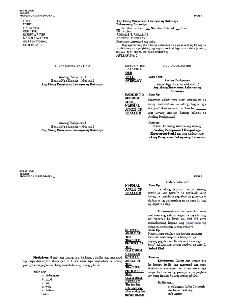 TVBI Script AP1 Q4 MODULE 2 Ang Akong Pinuy Anan Lokasyon Ug Distansya Ver 2 | PDF