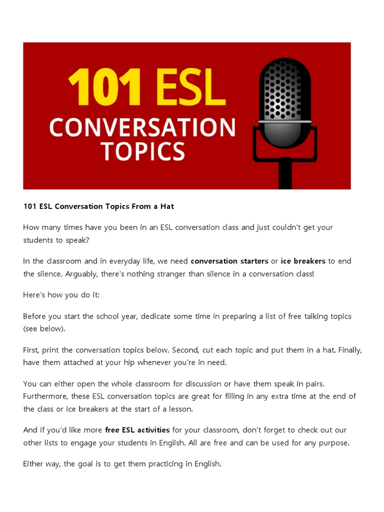 101 ESL Conversation Topics From A Hat | PDF | Conversation