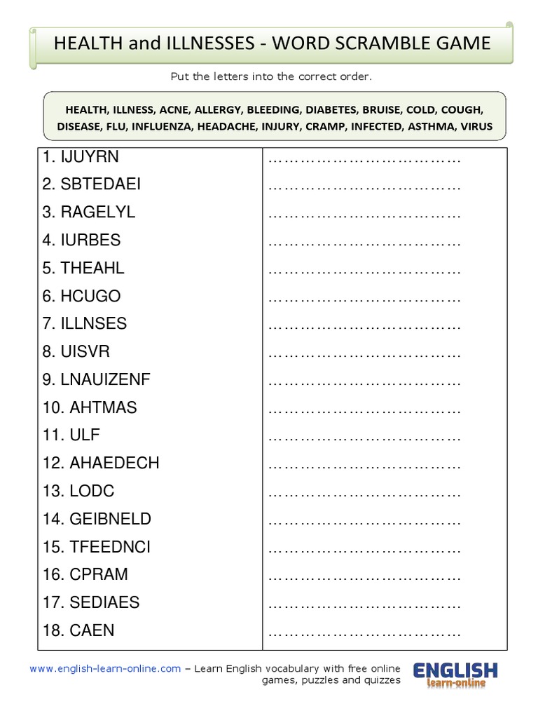 Health Illnesses Vocabulary Word Scramble Game Worksheet | PDF