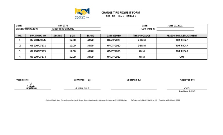 Change Tire Request Form: GCC - 319 Rev 1 05/14/21 | PDF