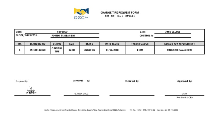 Change Tire Request Form: GCC - 319 Rev 1 05/14/21 | PDF