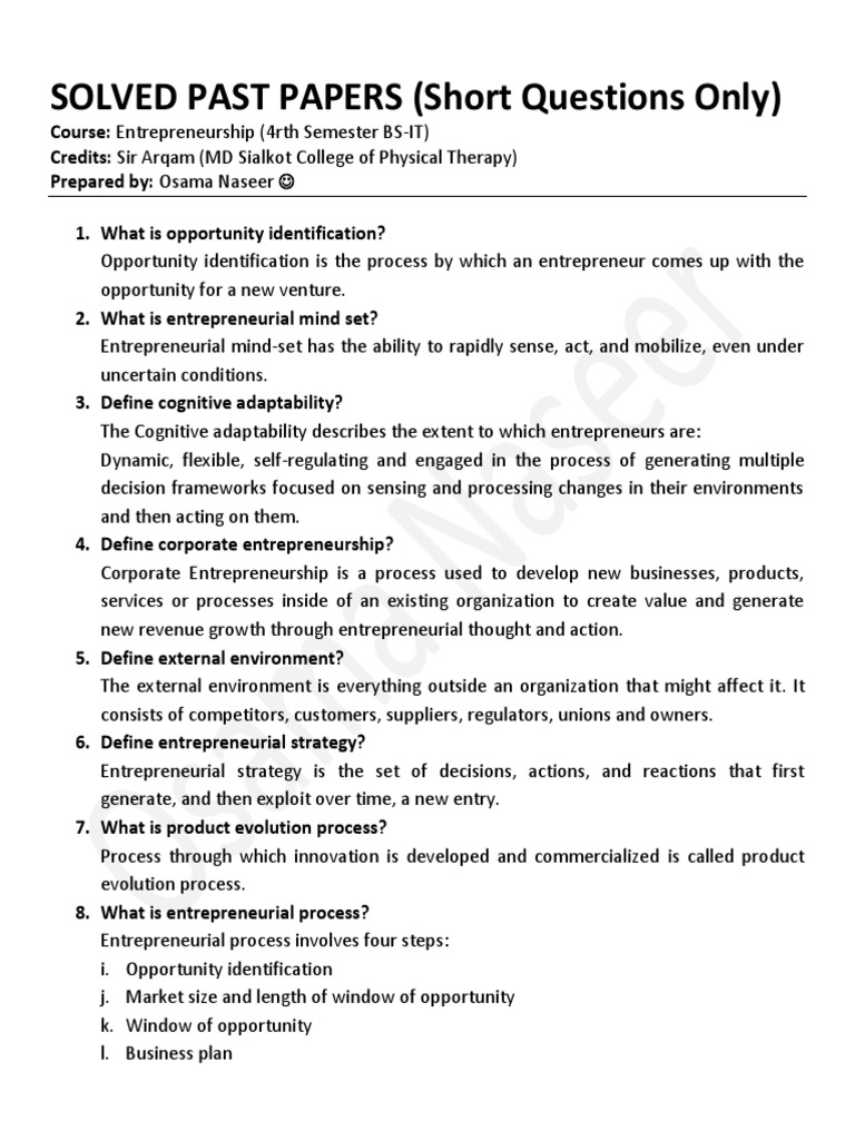 SOLVED PAST PAPERS (Short Questions Only) | PDF | Entrepreneurship ...