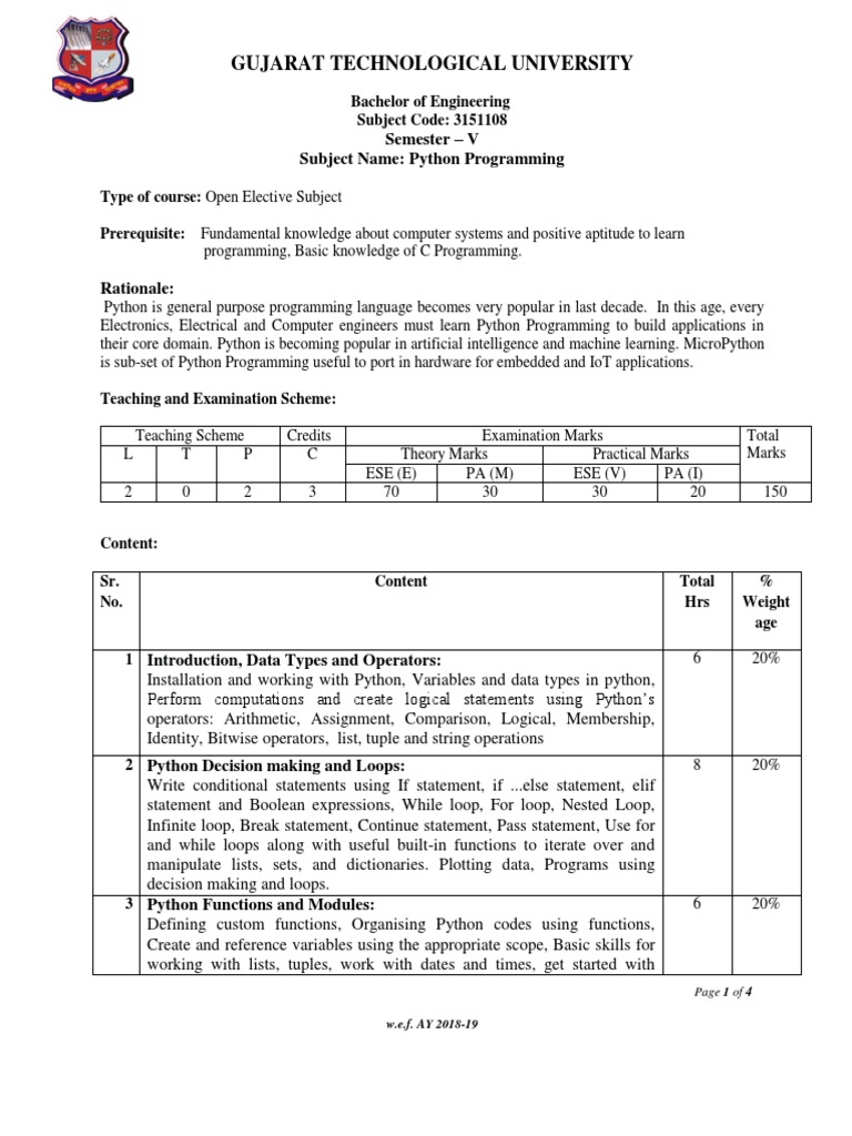 Gujarat Technological University: Semester - V Subject Name: Python Programming | PDF | Control ...
