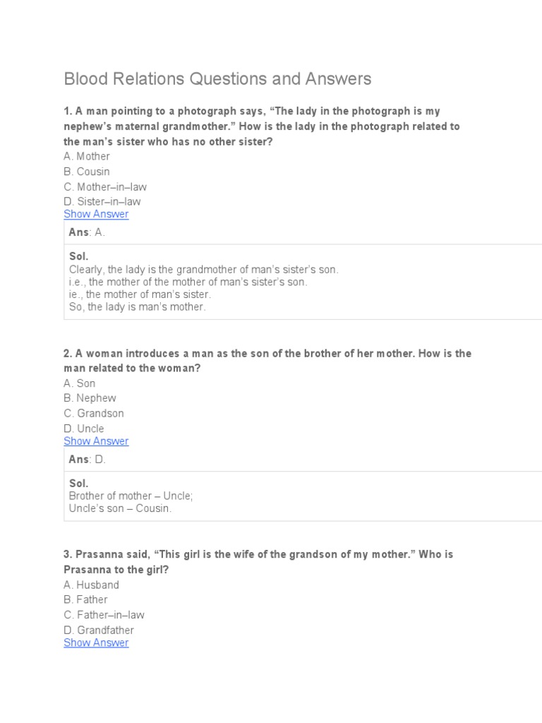 Blood Relations Questions and Answers: Show Answer | PDF | Family ...