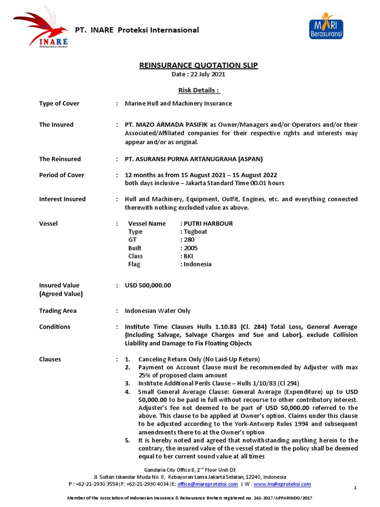 Marine Hull and Machinery Insurance Quotation for Tugboat 'Putri Harbour' Operating in ...