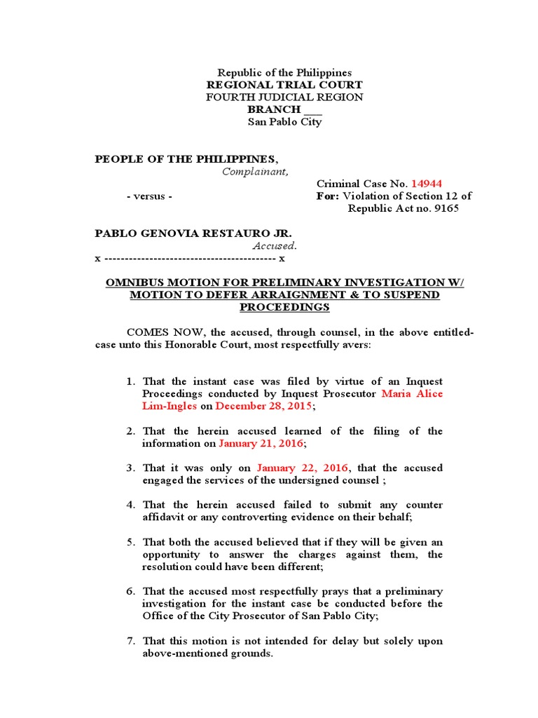 Omnibus Motion for Preliminary Investigation | PDF | Prosecutor | Courts