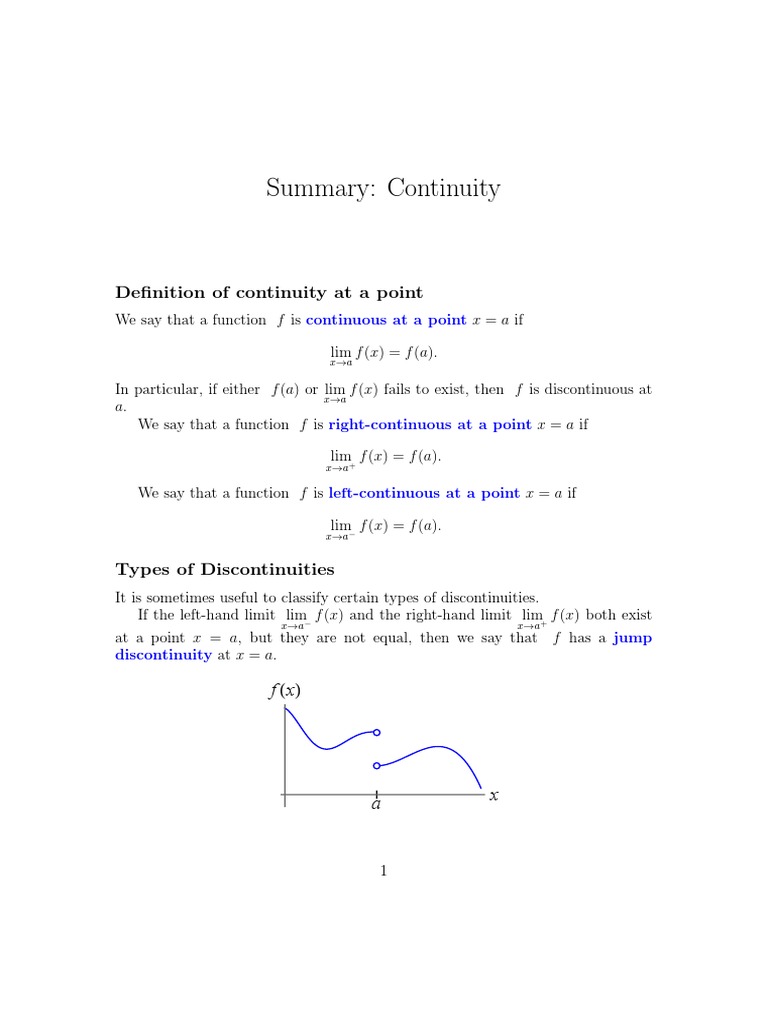 Summary: Continuity: Definition of Continuity at A Point | PDF ...