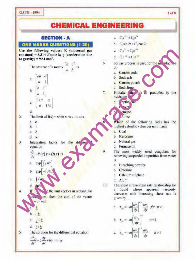 GATE Chemical Engineering 1994 | PDF | Transparent Materials | Applied ...