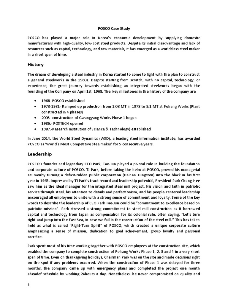 POSCO Case - History of Posco | PDF | Rolling (Metalworking) | Steel