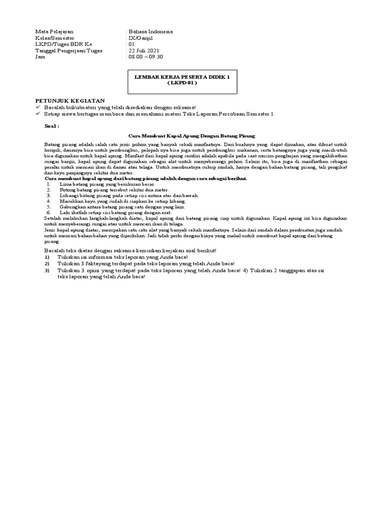 LKPD 01 Bahasa Indonesia Kelas 9 2021 2022 | PDF