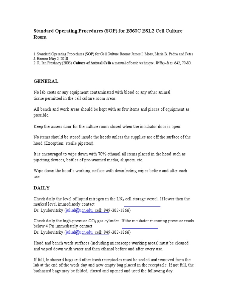 Standard Operating Procedures (SOP) For B360C BSL2 Cell Culture Room ...