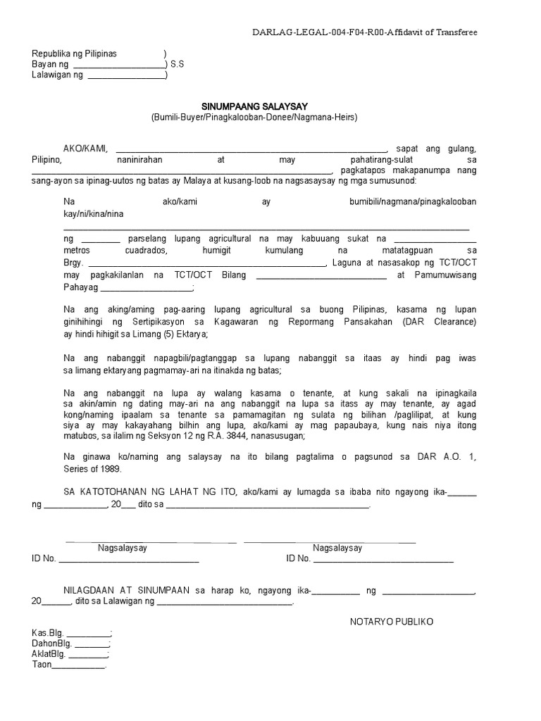 AFFIDAVIT For DAR CLEARANCE | PDF