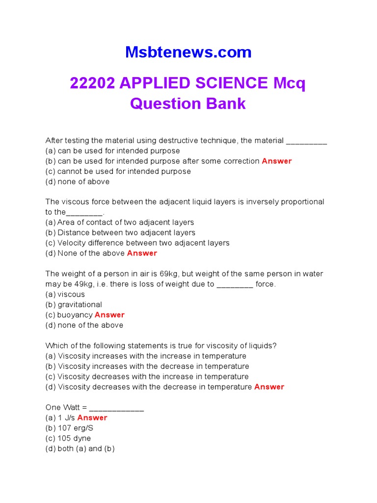 Applied Science MCQ PDF | PDF | Viscosity | Sodium Hydroxide