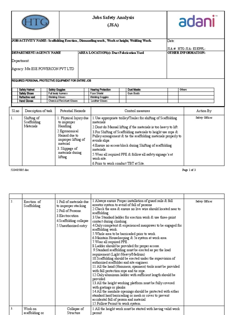 Jobs Safety Analysis (JSA) : JOB/ACTIVITY NAME: Scaffolding Erection ...