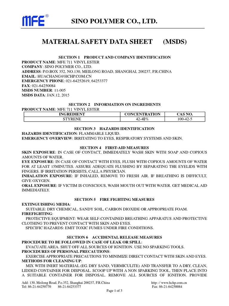 MSDS Mfe 711 | PDF | Firefighting | Personal Protective Equipment