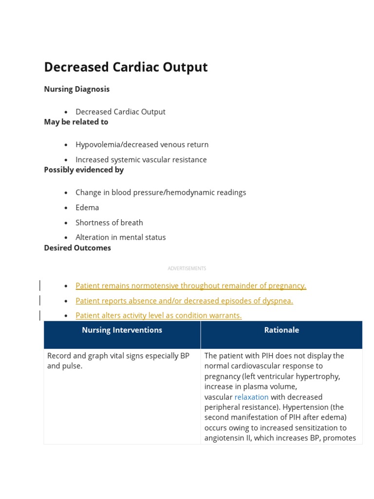 Decreased Cardiac Output | PDF | Blood Pressure | Cardiovascular System
