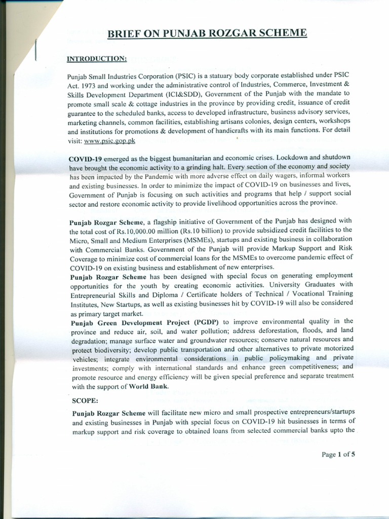 Punjab Rozgar Scheme | PDF