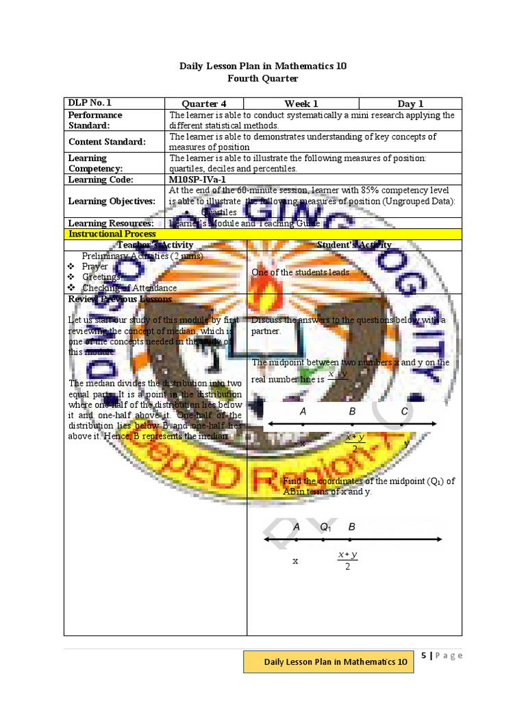 Grade 10 Mathematics Lesson Plan | PDF | Quartile | Lesson Plan