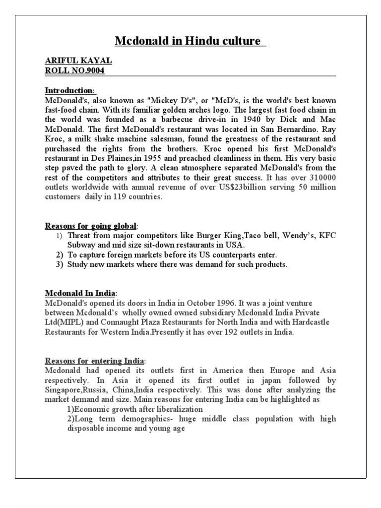 Mcdonald in Hindu Culture | PDF | Mc Donald's | Fast Food Restaurants