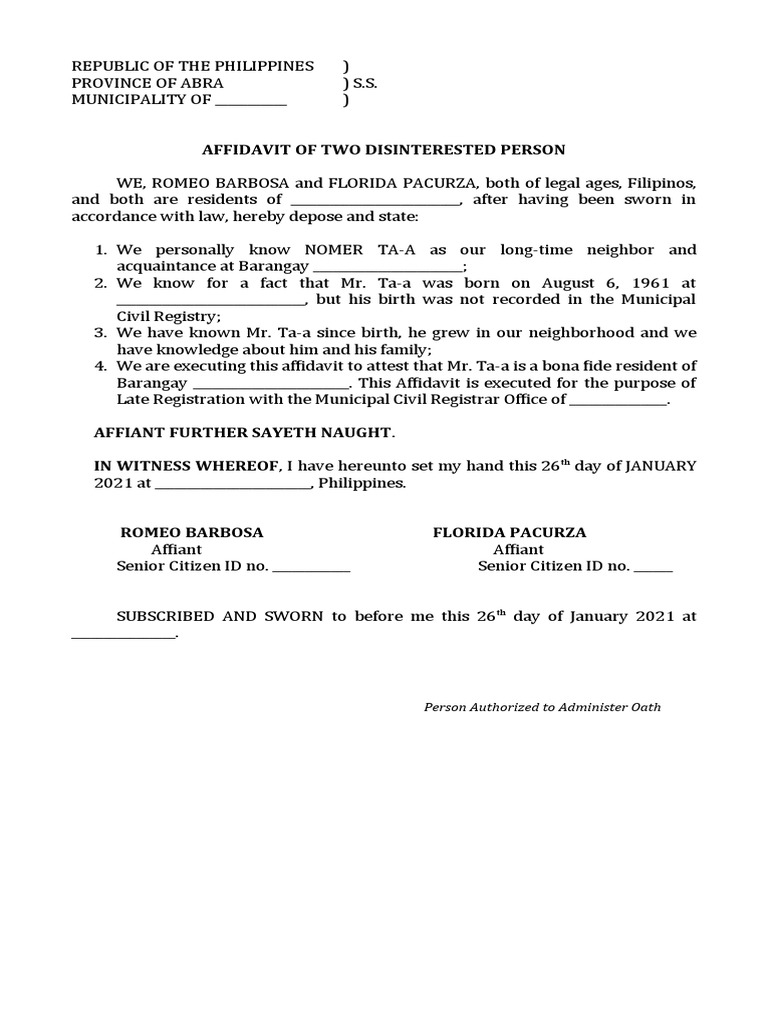 Affidavit of 2 Disinterested Person | PDF