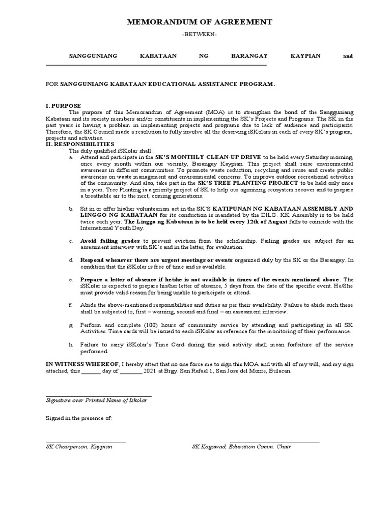 MOA for SK Educational Assistance Program | PDF | Business | Nature