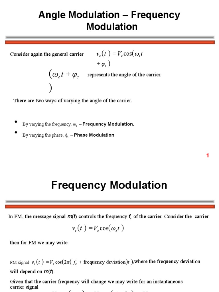Angle Modulation - Frequency Modulation: v t = V ω t + φ | PDF | Frequency Modulation ...