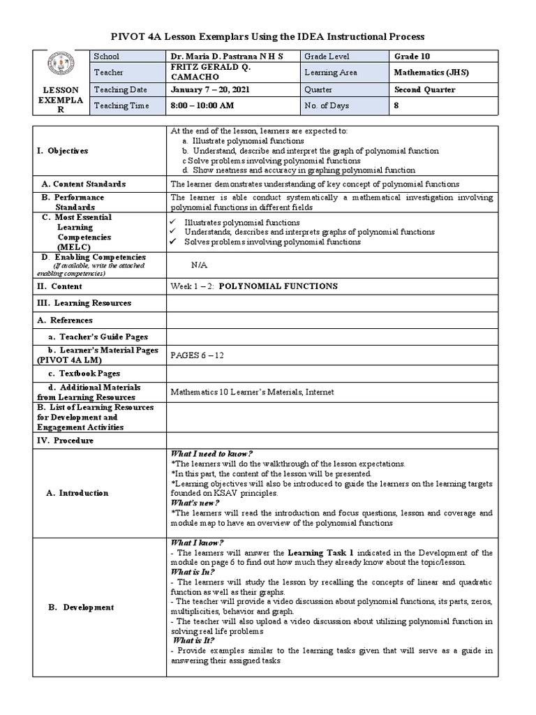 Lesson Exemplar g10 | PDF | Function (Mathematics) | Learning