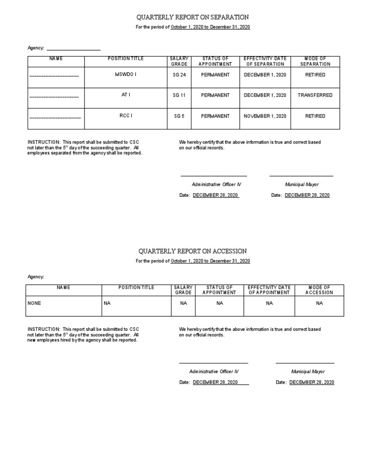 ACCESION SEPARATION Quarterly Report Sample | PDF | Government | Business