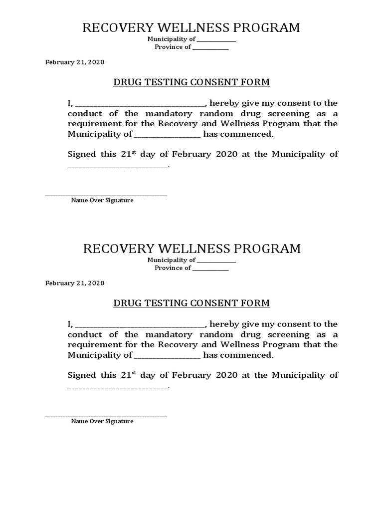 Recovery Wellness Program: Drug Testing Consent Form | PDF