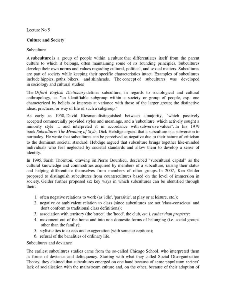 Sociology Lecture No 5 Counter and Subcultures | PDF | Counterculture ...