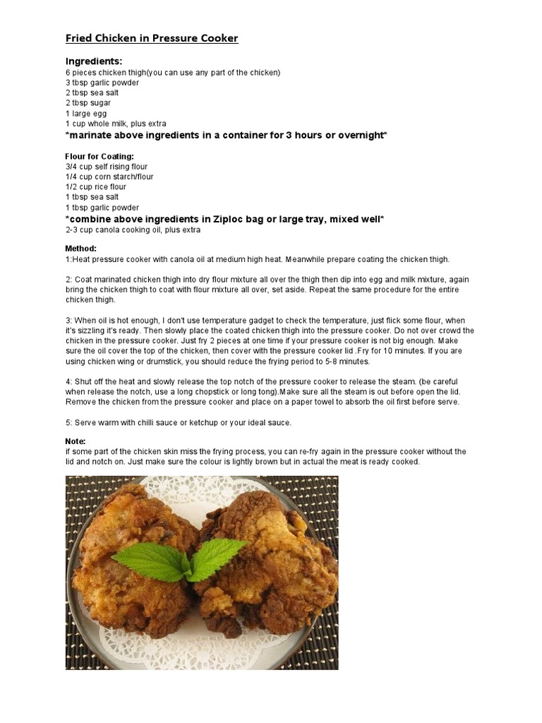 Fried Chicken in Pressure Cooker | PDF | Cooking, Food & Wine