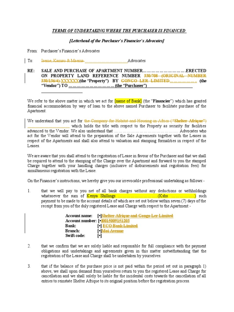 Terms of Undertaking Where The Purchaser Is Financed (Letterhead of The ...