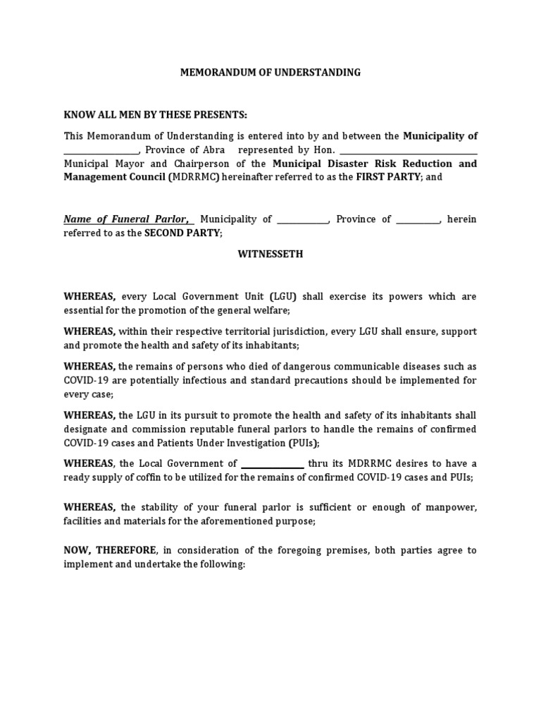 MOU Between LGU An Funeral Parlors Re Handling of Human Remains COVID ...