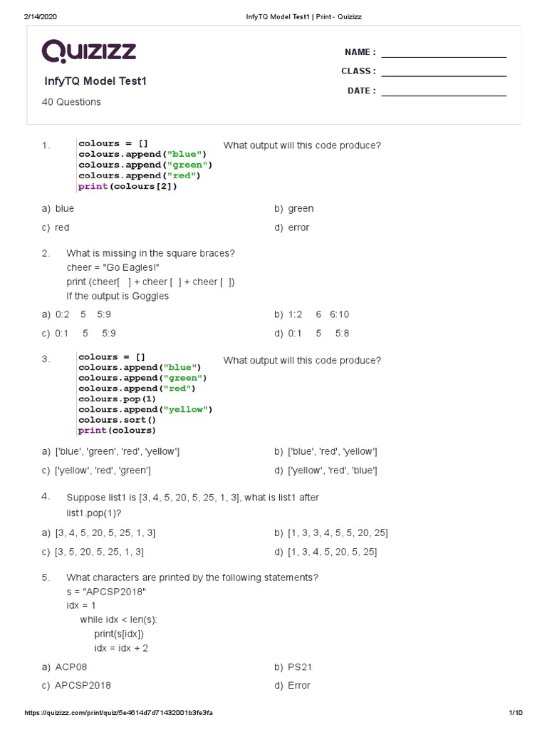 12 Infytq Model Test1 Print Quizizz Pdf Parameter Computer Programming Constructor