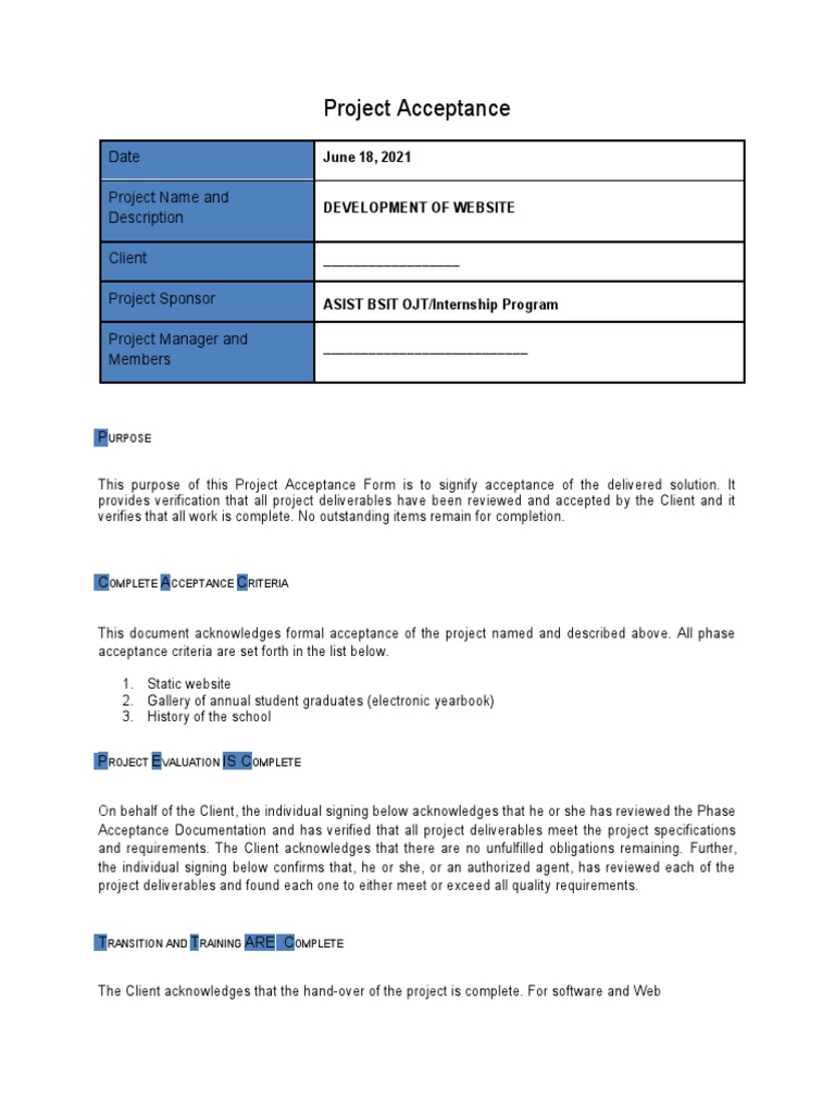 Project Acceptance Form for Website Development | PDF | Information ...