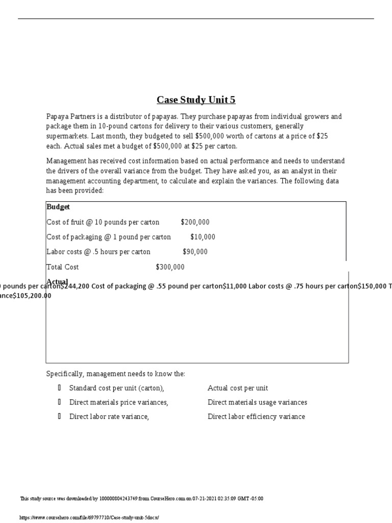 Case Study Unit 5 | PDF | Cost | Management Accounting